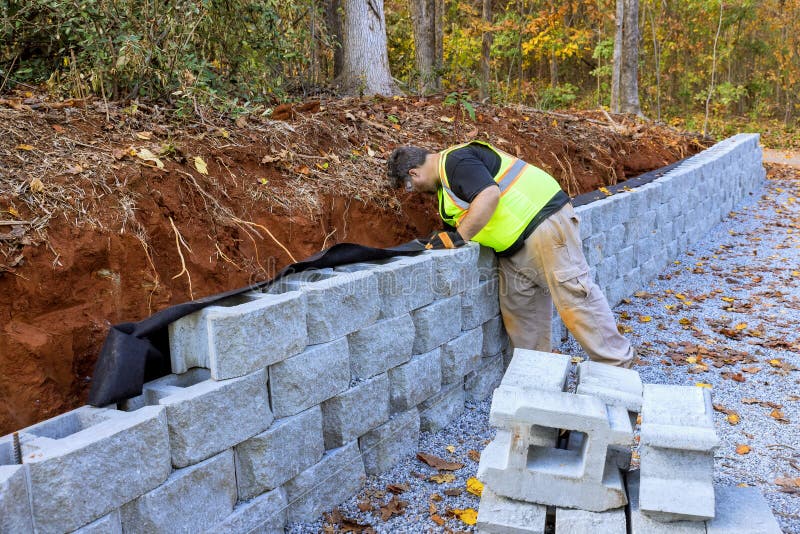 Contractors Were Installing New Wall on Construction Site a Large Block ...
