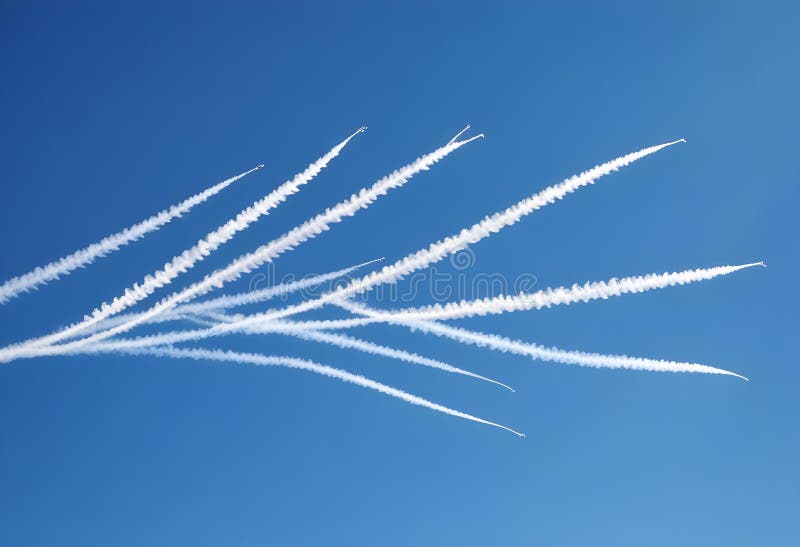 Contrails Against Blue Sky. High-speed Aircraft Trails in Clear Sky ...