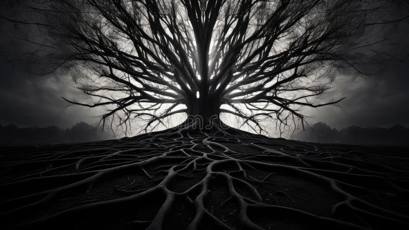 Contrast Black and White Tree with Roots Stock Illustration ...