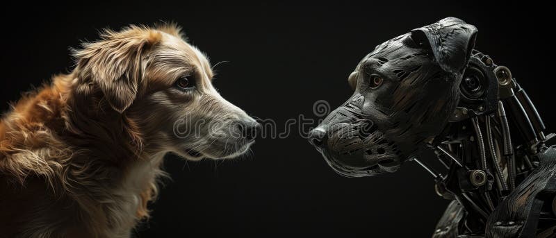 The Contrast between a Cyber Robot Dog and a Common Dog in a Dark ...
