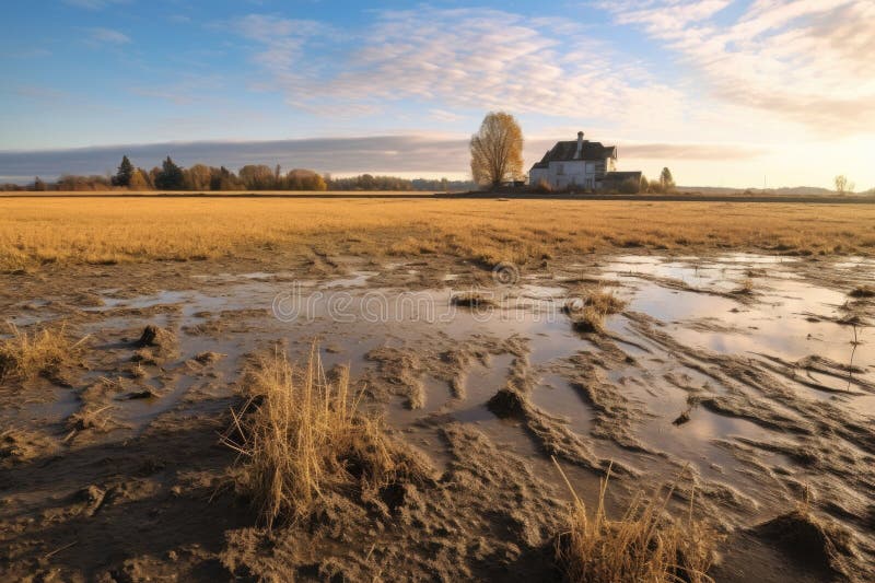 Contrast of Dry and Flooded Areas in a Field Stock Illustration ...