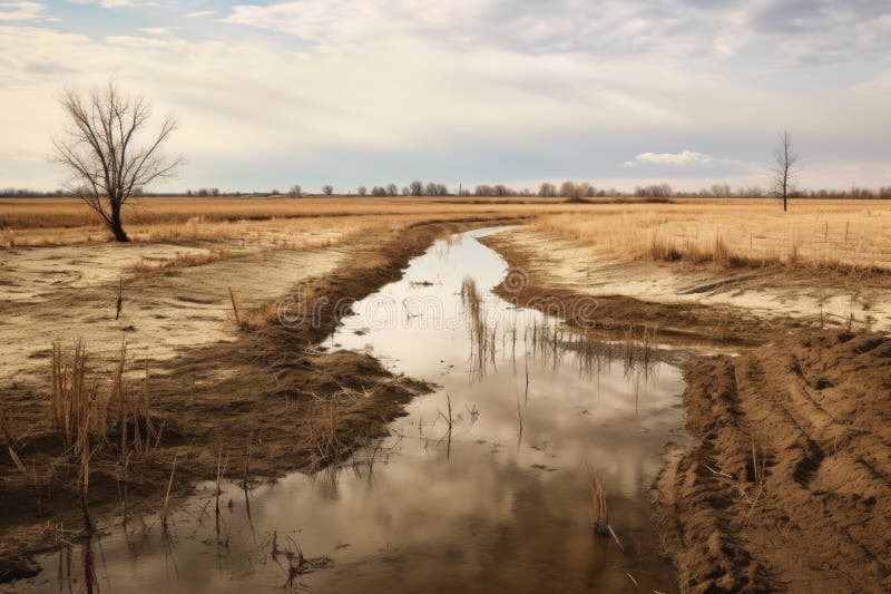 Contrast of Dry and Flooded Areas in a Field Stock Illustration ...