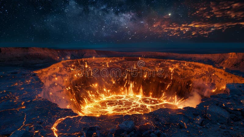 The Contrast of the Fiery Pit Against the Dark Night Sky Creates a ...