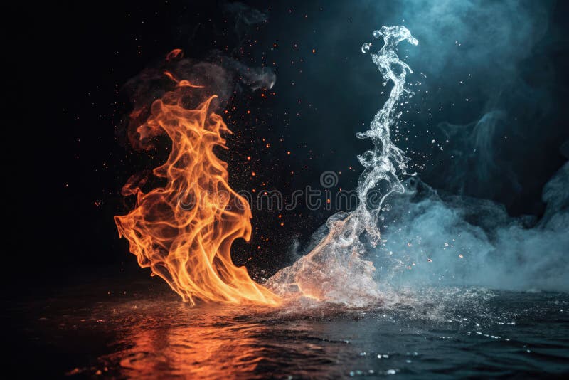 Contrast of Fire and Water Creating a Dramatic Visual Effect in a Dark ...