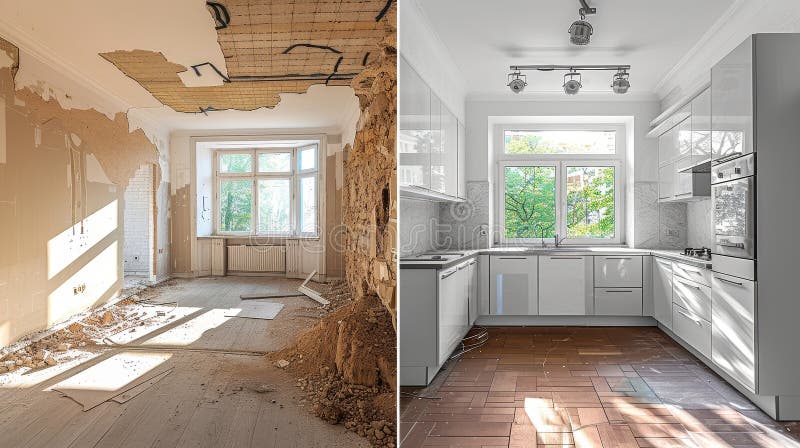 Contrast of Kitchen Renovation, before and after Stock Illustration ...
