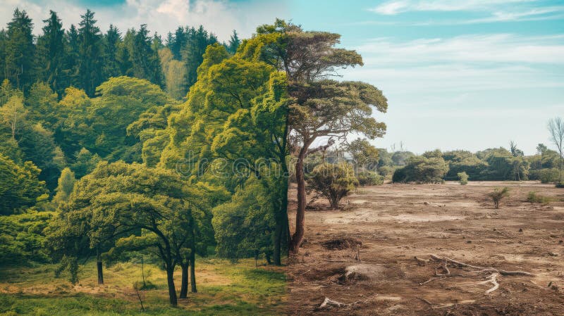 Contrast of Life: Lush Forest Vs. Barren Deforested Land Stock ...