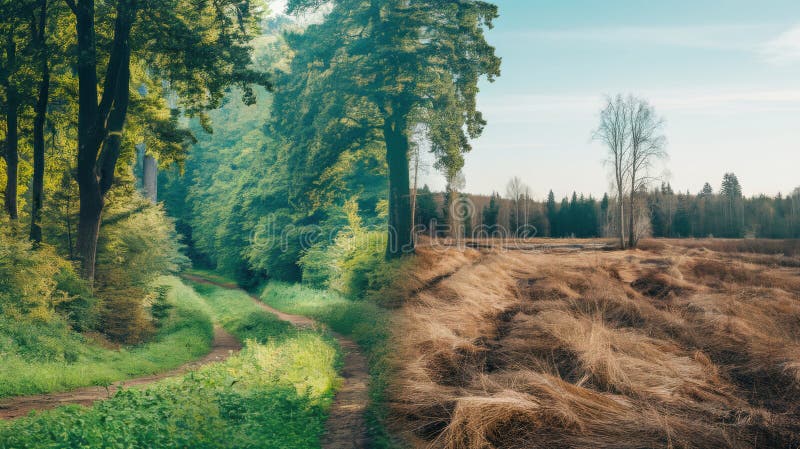 Contrast of Life: Lush Forest Vs. Barren Deforested Land Stock ...