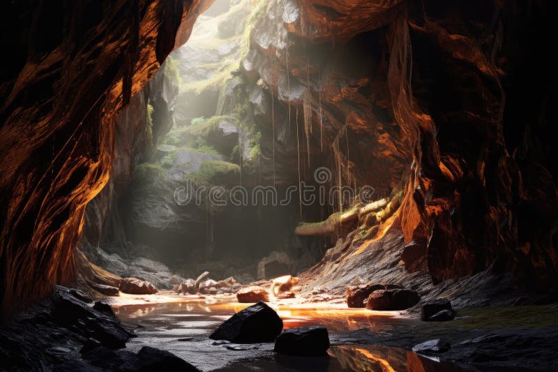 Contrast of Light and Shadow in a Lava Tube Cave Stock Illustration ...