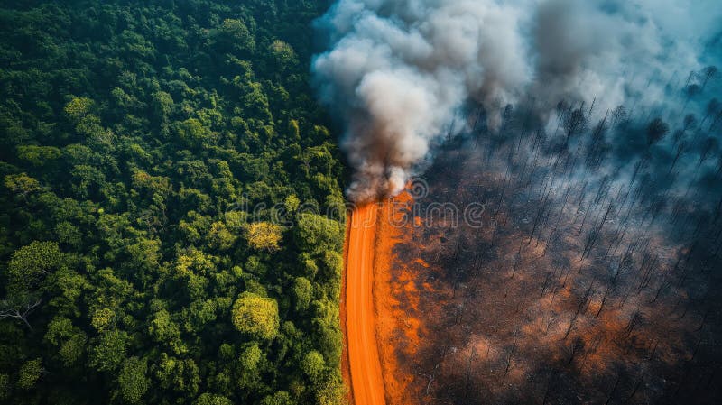 Contrast of Lush Forest and Burning Deforestation Captured from Above ...