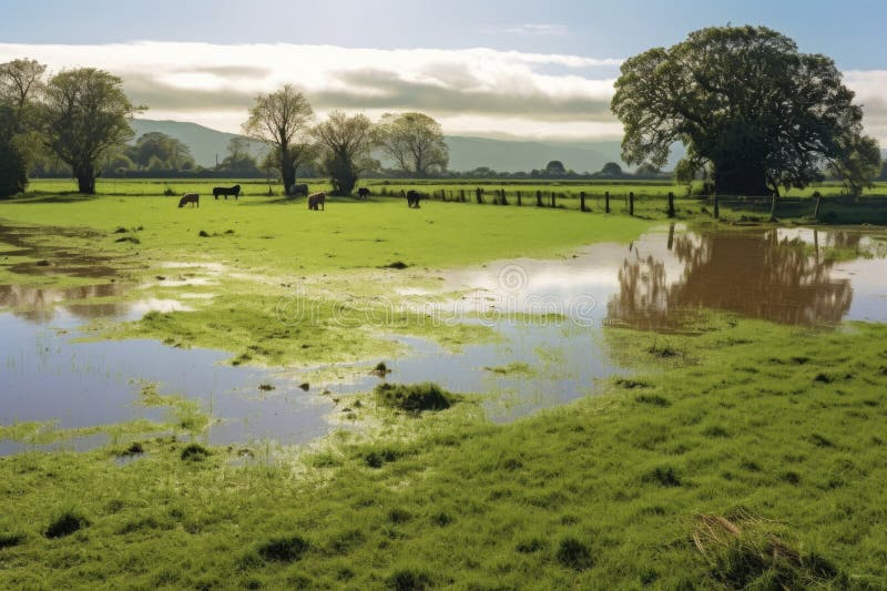 Contrast of Lush Green Field and Flooded, Muddy Area Stock Illustration ...