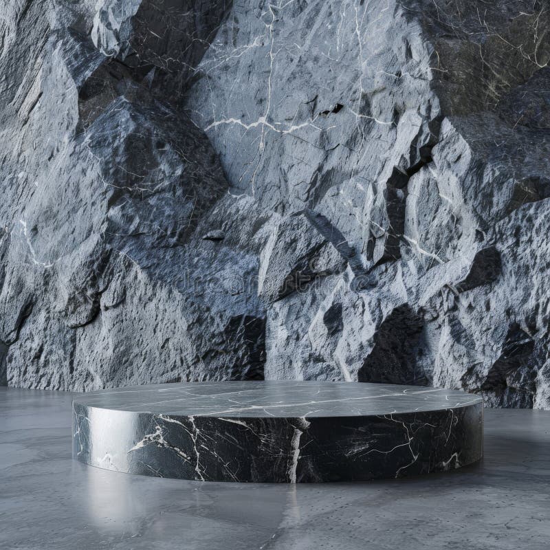 The Contrast of a Minimalist Black Marble Podium Against Textured ...