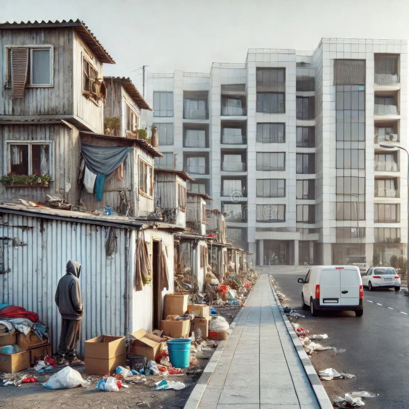 The Contrast of a Modern Building and Slums on the Same Street. Stock ...