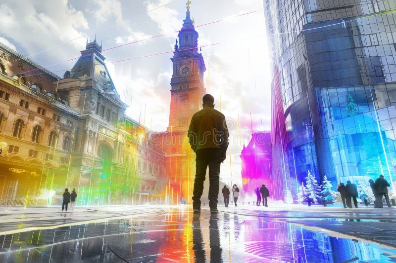 Contrast of Rainbow Silhouette Against Grey Figures on White Background ...