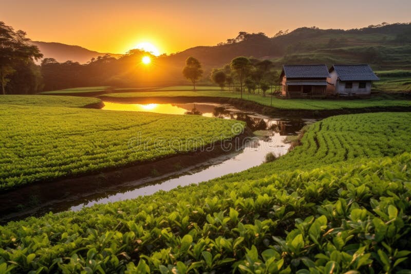 Contrast of Tea Plantation Shades during Sunset Stock Photo - Image of ...