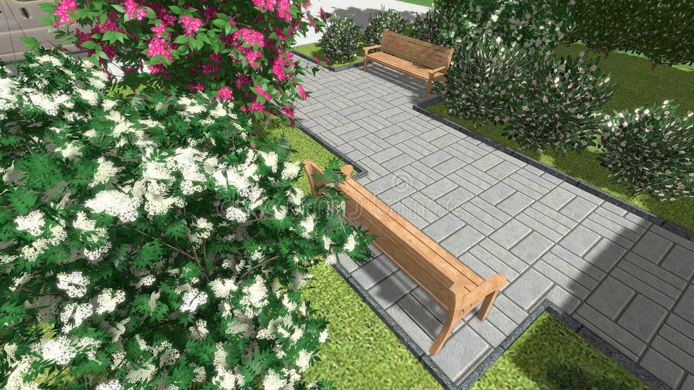 3D Illustration of Modern Patio Landscape Design. Computer ...