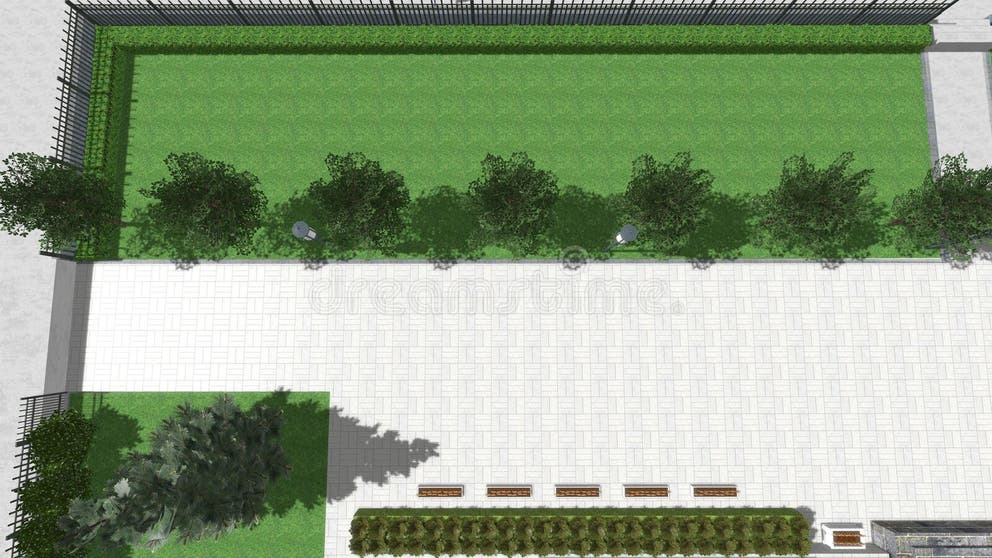 3D Illustration of Modern Patio Landscape Design. Computer ...