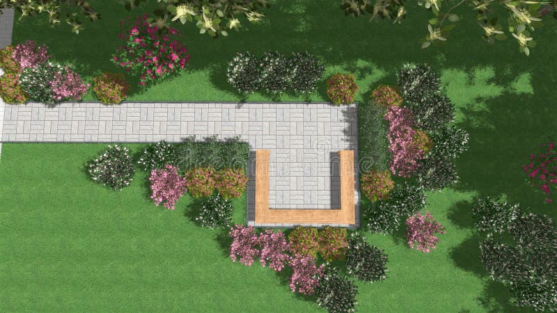 3D Illustration of Modern Patio Landscape Design. Computer ...