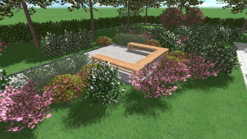 3D Illustration of Modern Patio Landscape Design. Computer ...