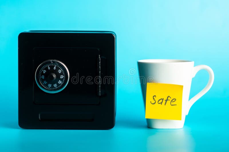 Contrasting Concepts: Secure Safe Box and Labeled Cup Safety on Blue ...