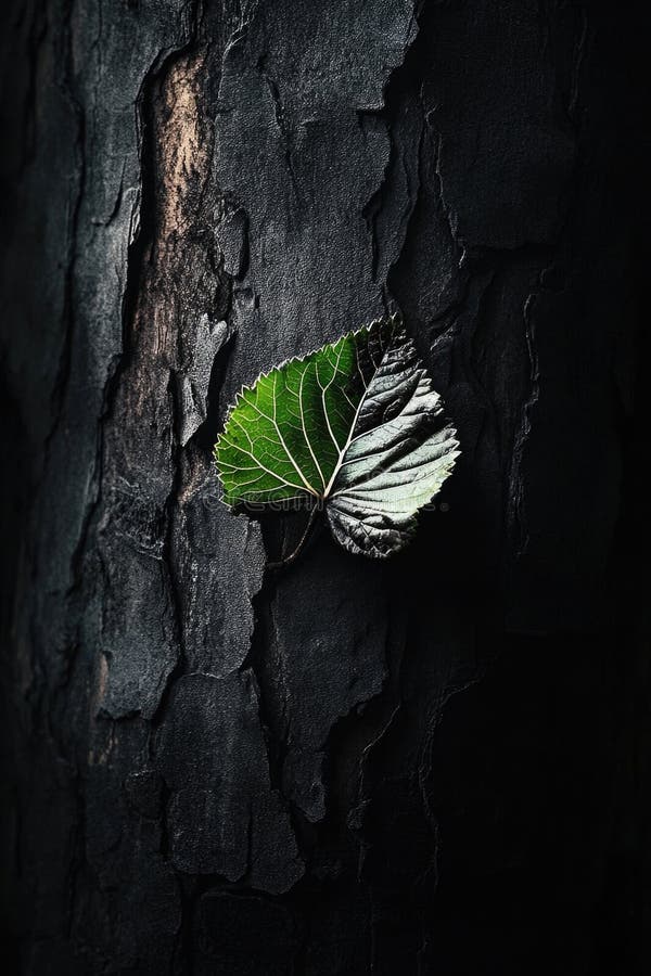 Contrasting Green Leaf on Dark Tree Bark Texture Stock Photo - Image of ...