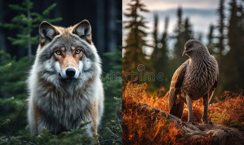 Contrasting Images: Bird and Wolf Stock Illustration - Illustration of ...