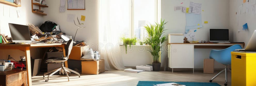 Contrasting Interior Spaces with Clutter on One Side and a Neat ...