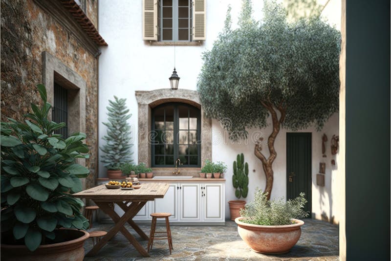 Contrasting Kitchen Styles in a Tuscan Courtyard. Generative Ai Stock ...