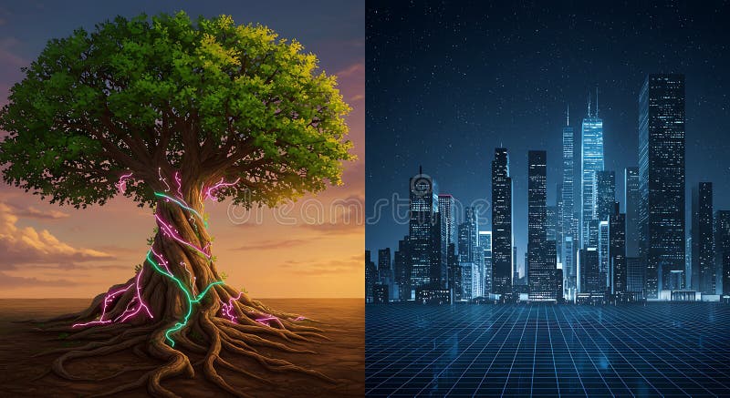 Contrasting a Lush, Large Tree with a Sprawling Root System Glowing ...