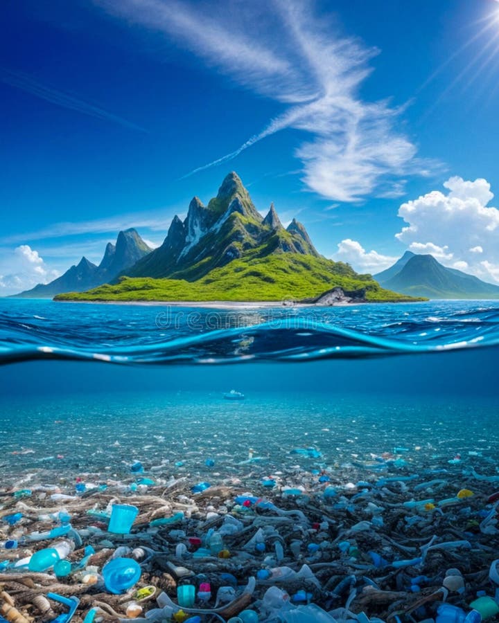 Contrasting Ocean Scene: Pristine Waters and Plastic Pollution Stock ...