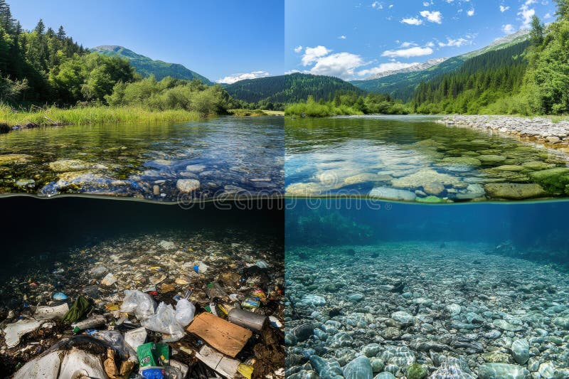 Contrasting Polluted River with Trash and Clear Water Stream ...