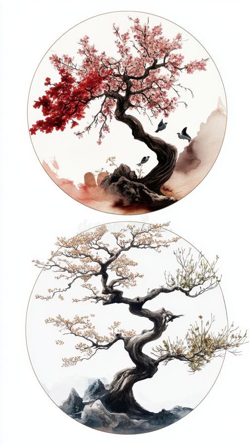Contrasting Seasons: Blossom Tree with Birds and Bare Branches in ...