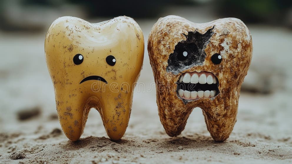 Contrasting Smiley and Decayed Teeth Emojis on Sand Stock Photo - Image ...