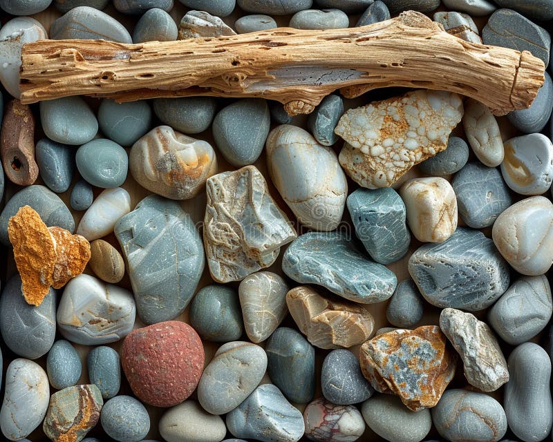 The Contrasting Textures of Smooth Pebbles and Rough Driftwood on a ...