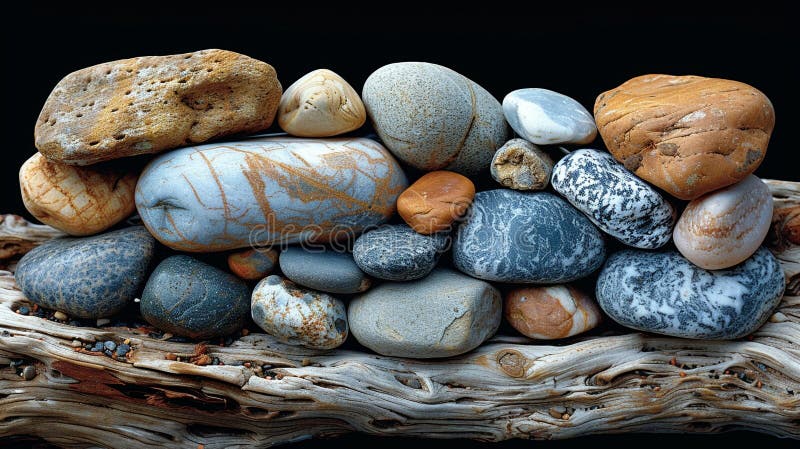 The Contrasting Textures of Smooth Pebbles and Rough Driftwood on a ...