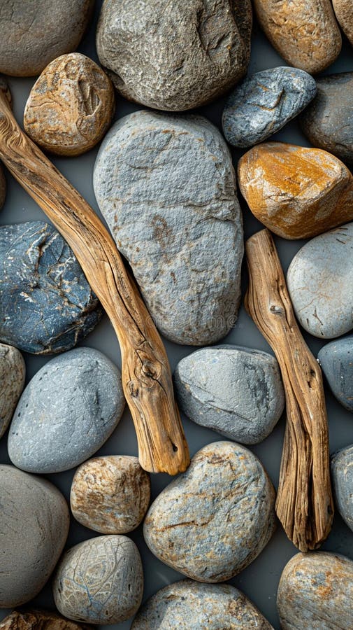 The Contrasting Textures of Smooth Pebbles and Rough Driftwood on a ...