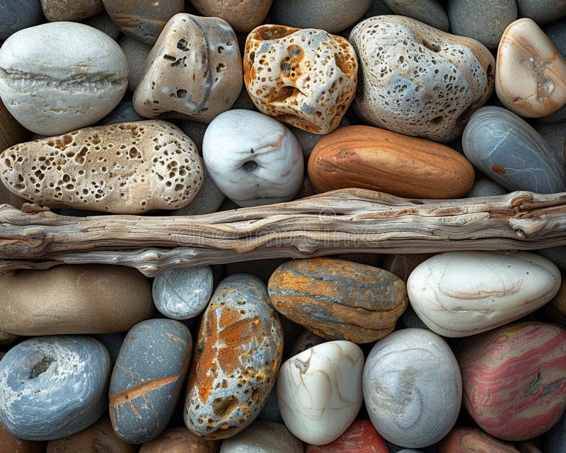 The Contrasting Textures of Smooth Pebbles and Rough Driftwood on a ...