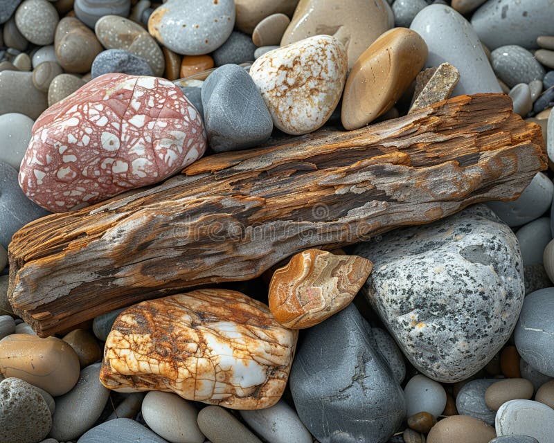 The Contrasting Textures of Smooth Pebbles and Rough Driftwood on a ...