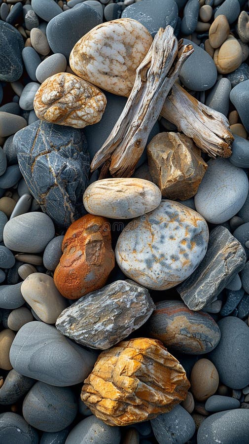 The Contrasting Textures of Smooth Pebbles and Rough Driftwood on a ...