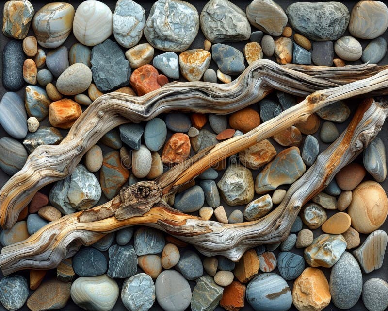 The Contrasting Textures of Smooth Pebbles and Rough Driftwood on a ...
