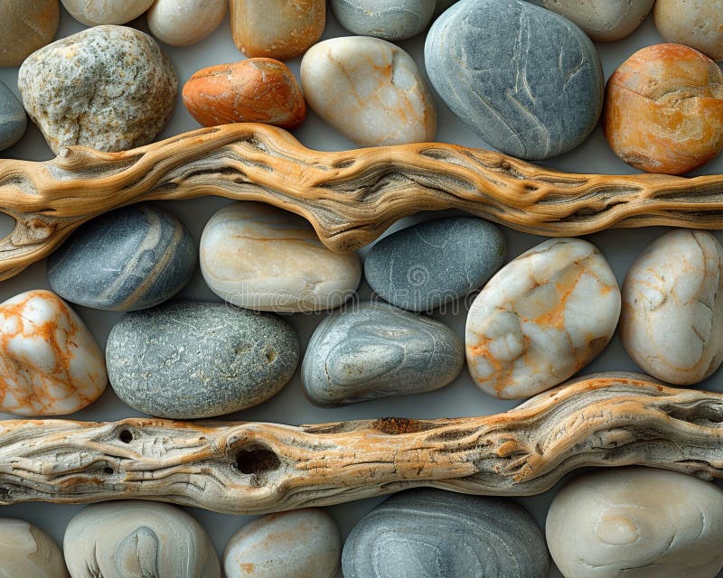 The Contrasting Textures of Smooth Pebbles and Rough Driftwood on a ...