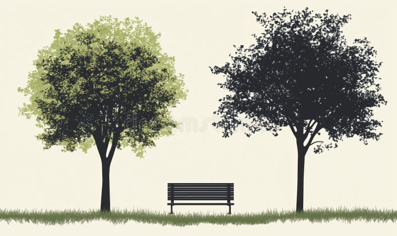 Contrasting Trees with Bench in Minimalist Design, One Green Leafy Tree ...