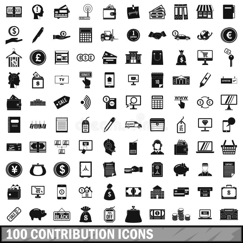 100 Contribution Icons Set, Simple Style Stock Vector - Illustration of ...
