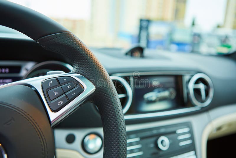 Control Buttons on the Steering Wheel of a Car Stock Image - Image of ...