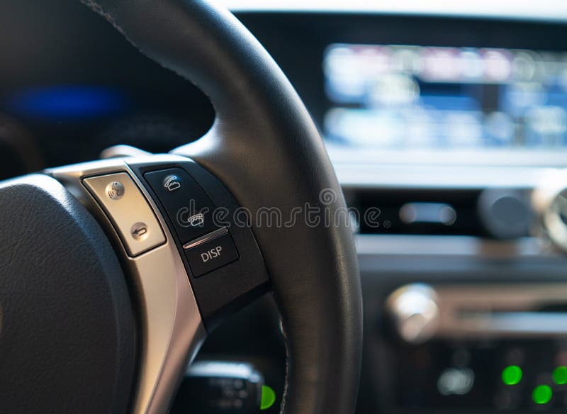Control Buttons on the Steering Wheel Close Up Stock Photo - Image of ...