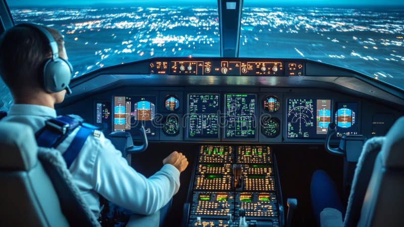 Control Cabin Inside Airplane Featuring Pilot Using Bluetooth Headset ...