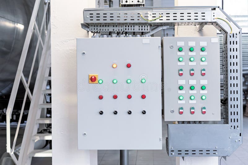 Control Cabinet with Buttons and Toggle Switches in a Gas Boiler Room ...