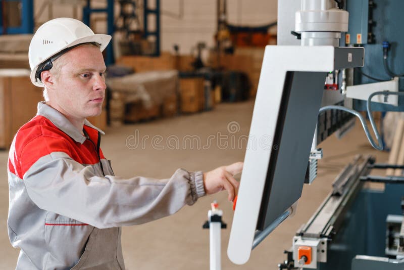 Control Computer Display of Machine. Manufacture Workers Adjusts the ...