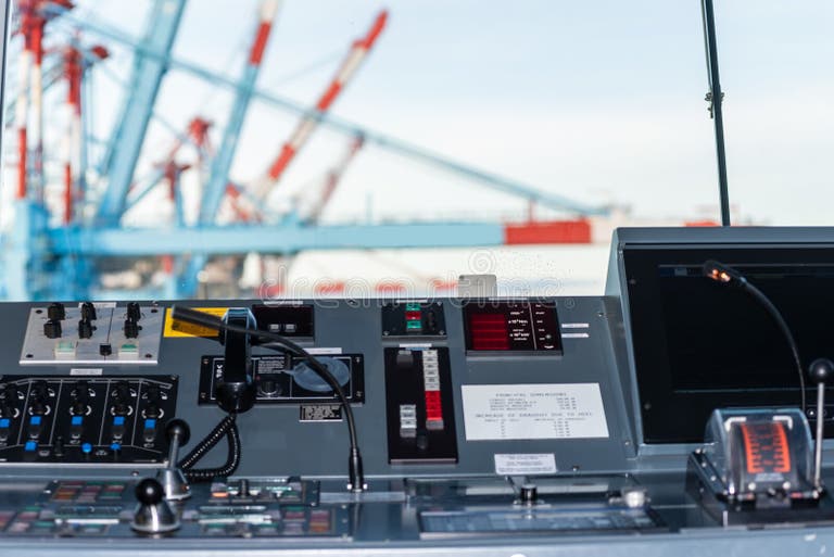 Control Console on the Navigational Bridge of the Cargo Ship. Stock ...