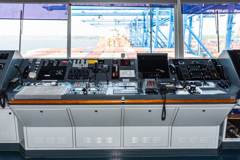 Control Console on the Navigational Bridge of the Cargo Ship. Stock ...