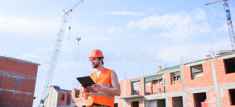 Control Construction Process. Guy in Protective Helmet Stand in Front ...